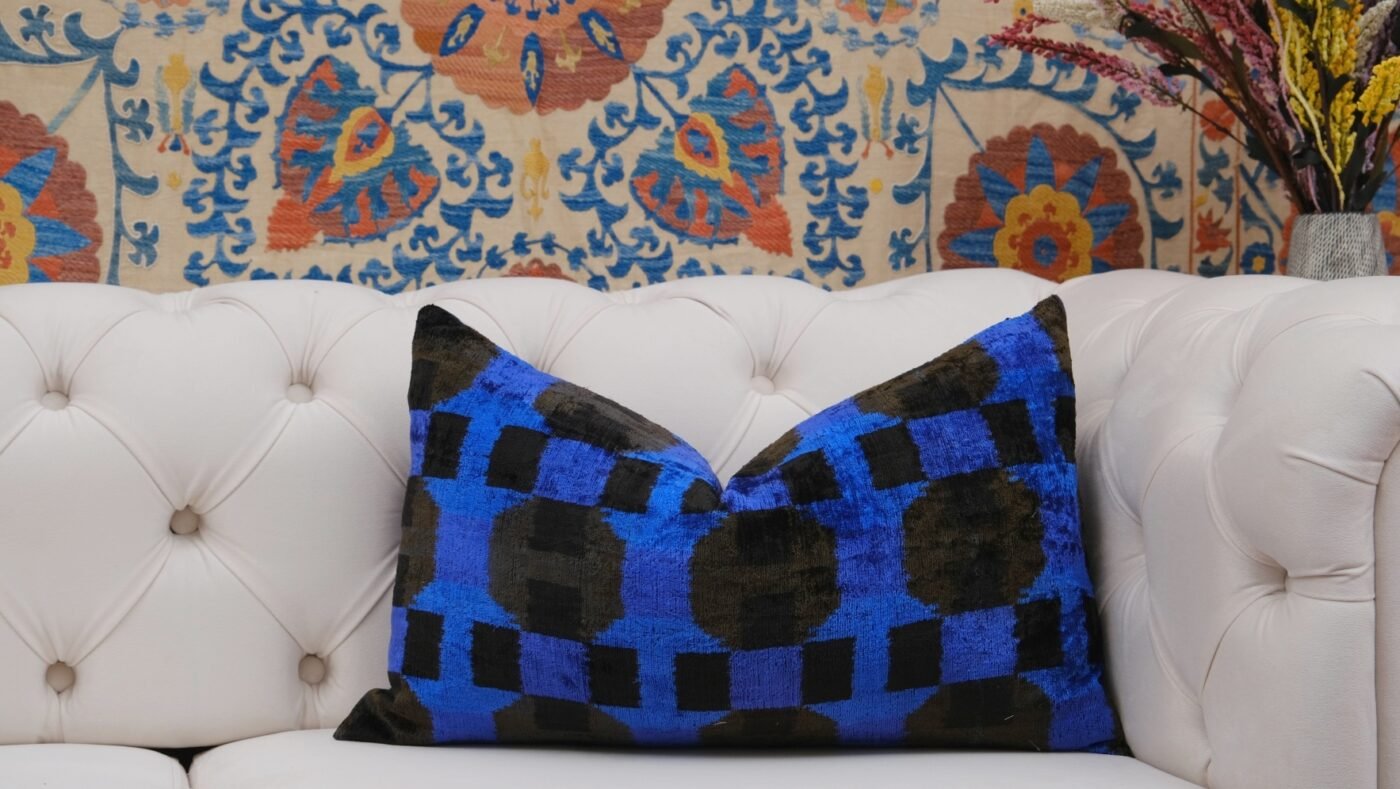 Navy Blue Velvet Ikat Pillow